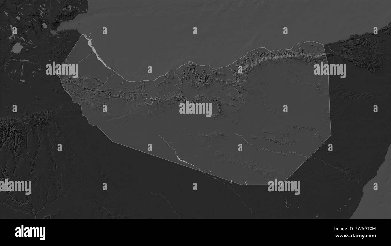 Somaliland highlighted on a Bilevel elevation map with lakes and rivers ...