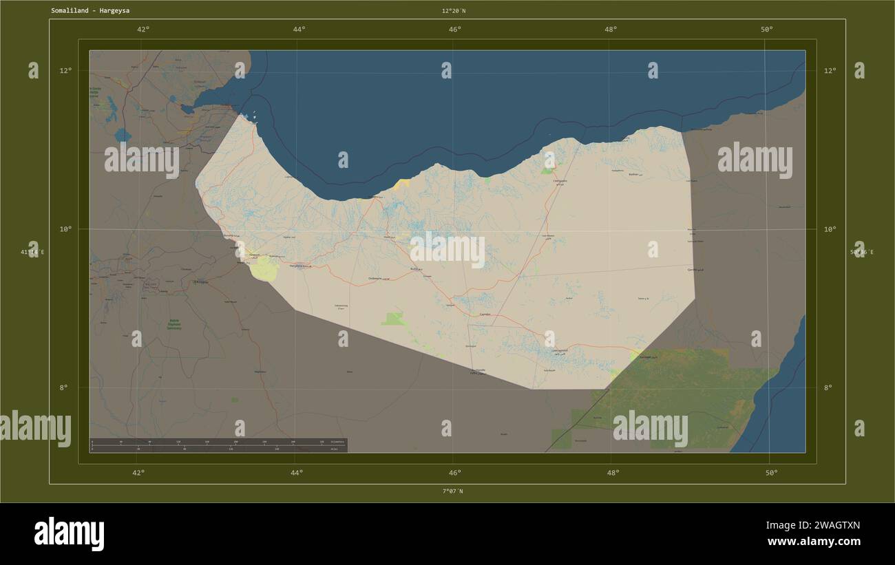 Somaliland highlighted on a topographic, OSM standard style map map ...
