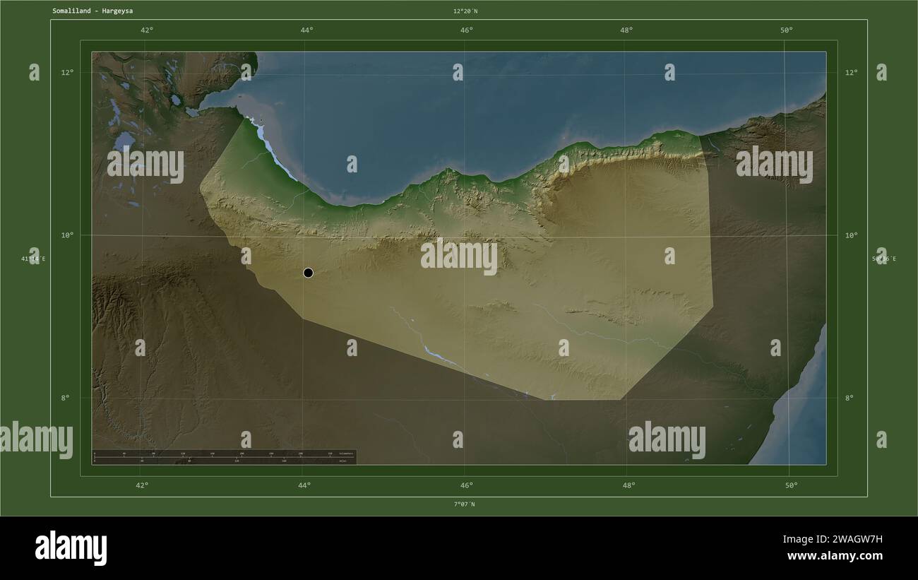 Somaliland highlighted on a Pale colored elevation map with lakes and ...