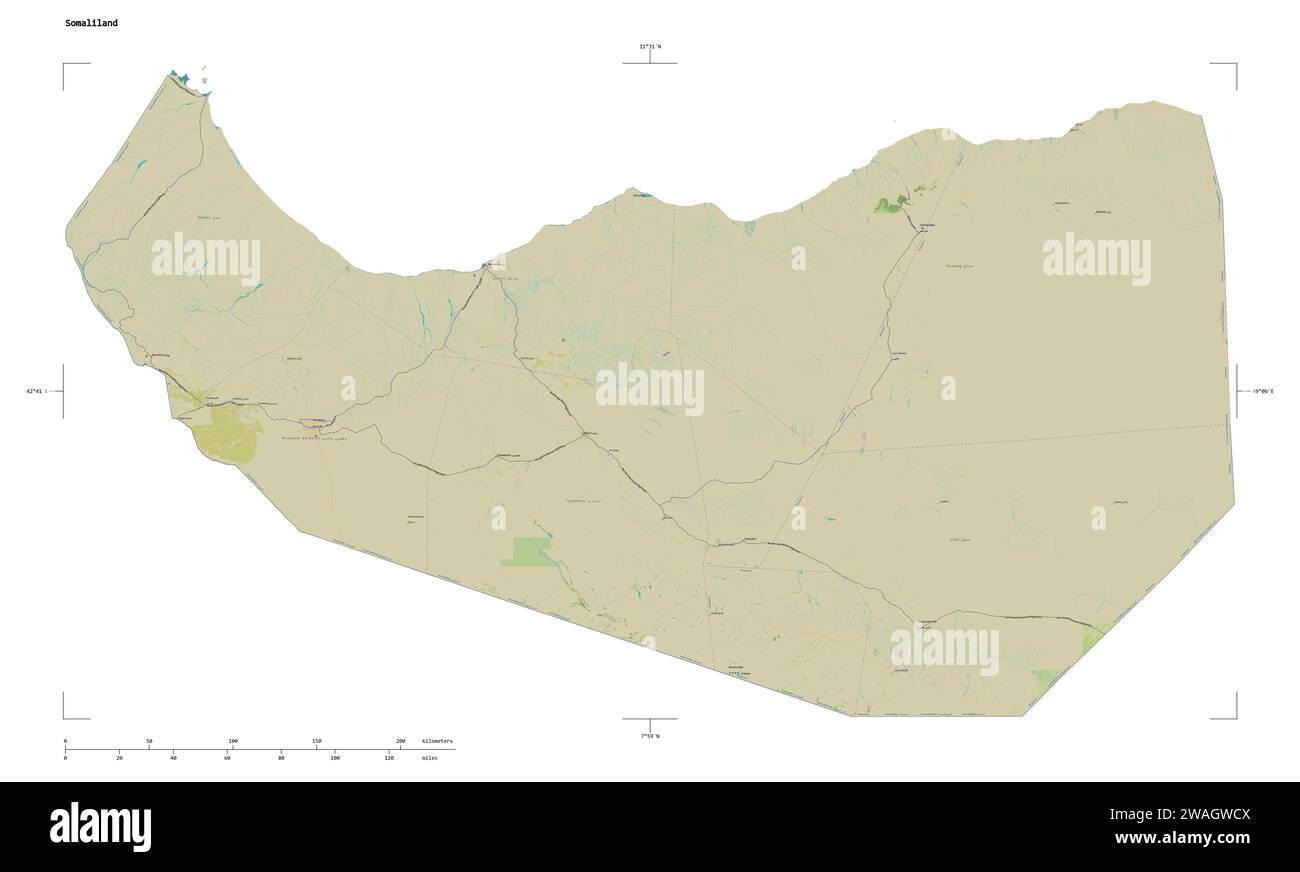 Shape of a topographic, OSM Humanitarian style map of the Somaliland ...