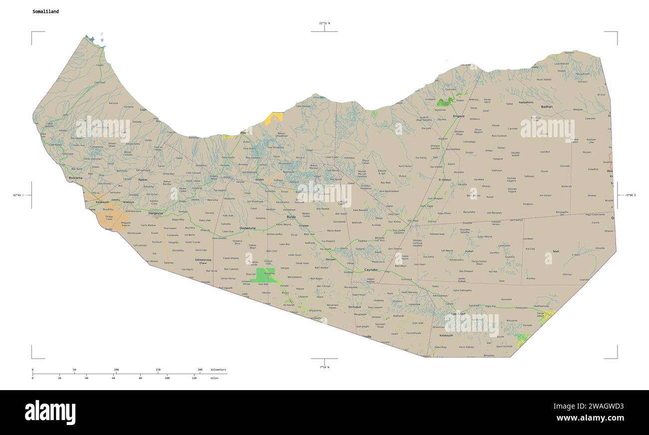 Shape of a topographic, OSM France style map of the Somaliland, with ...