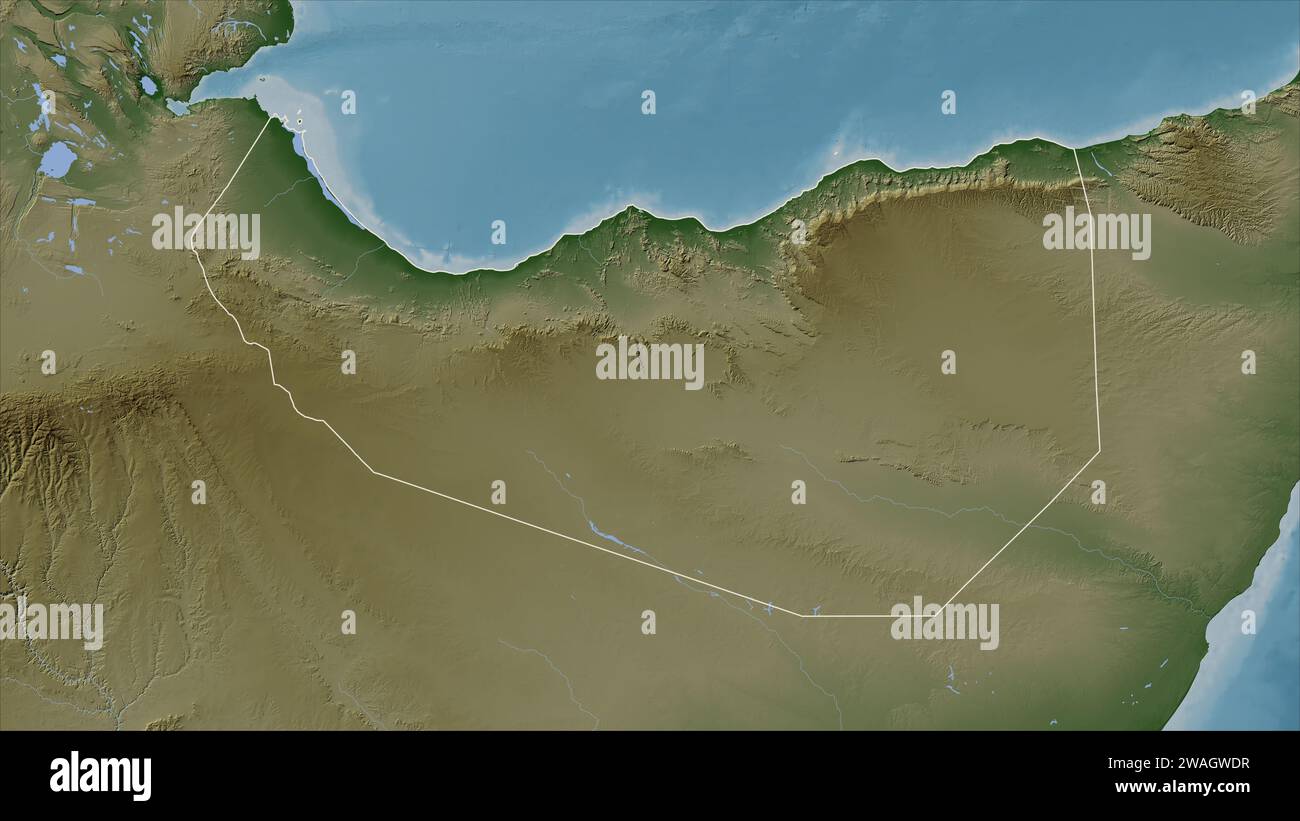 Somaliland outlined on a Pale colored elevation map with lakes and ...