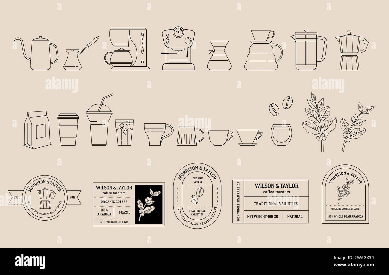 Coffee, coffee shop and cafe collection of illustrations. Coffee beans ...