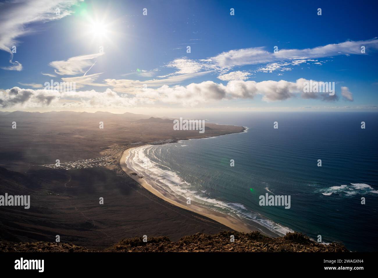 Natural landscape of Lanzarote. View of the ocean and coast from the ...