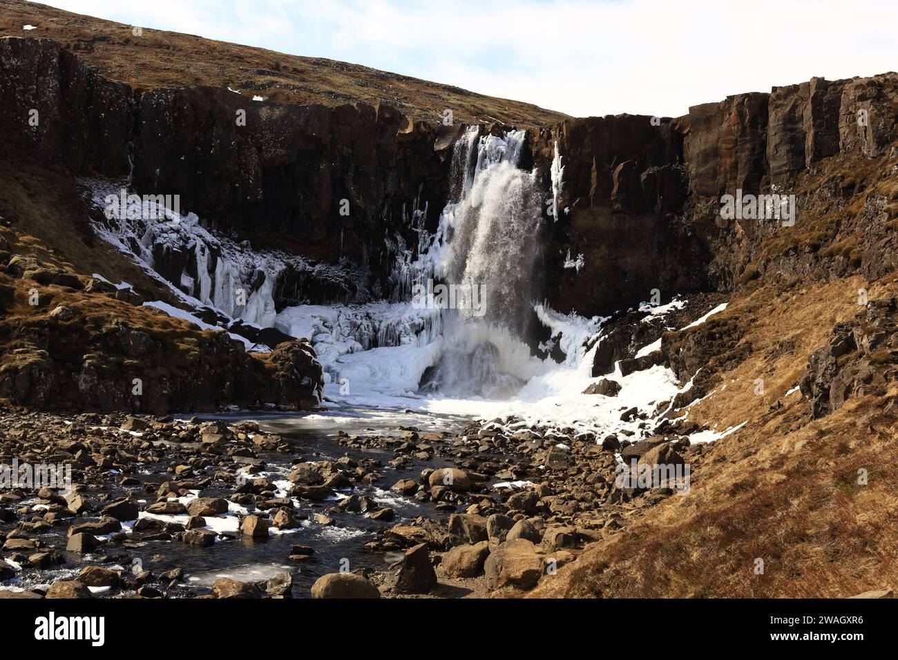 Gufufoss is a waterfall on the heights of the Seydisfjordur fjord ...