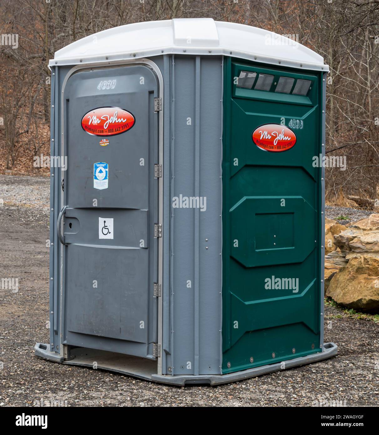A portable toilet in a parking lot in Boyce Park in Plum, Pennsylvania ...