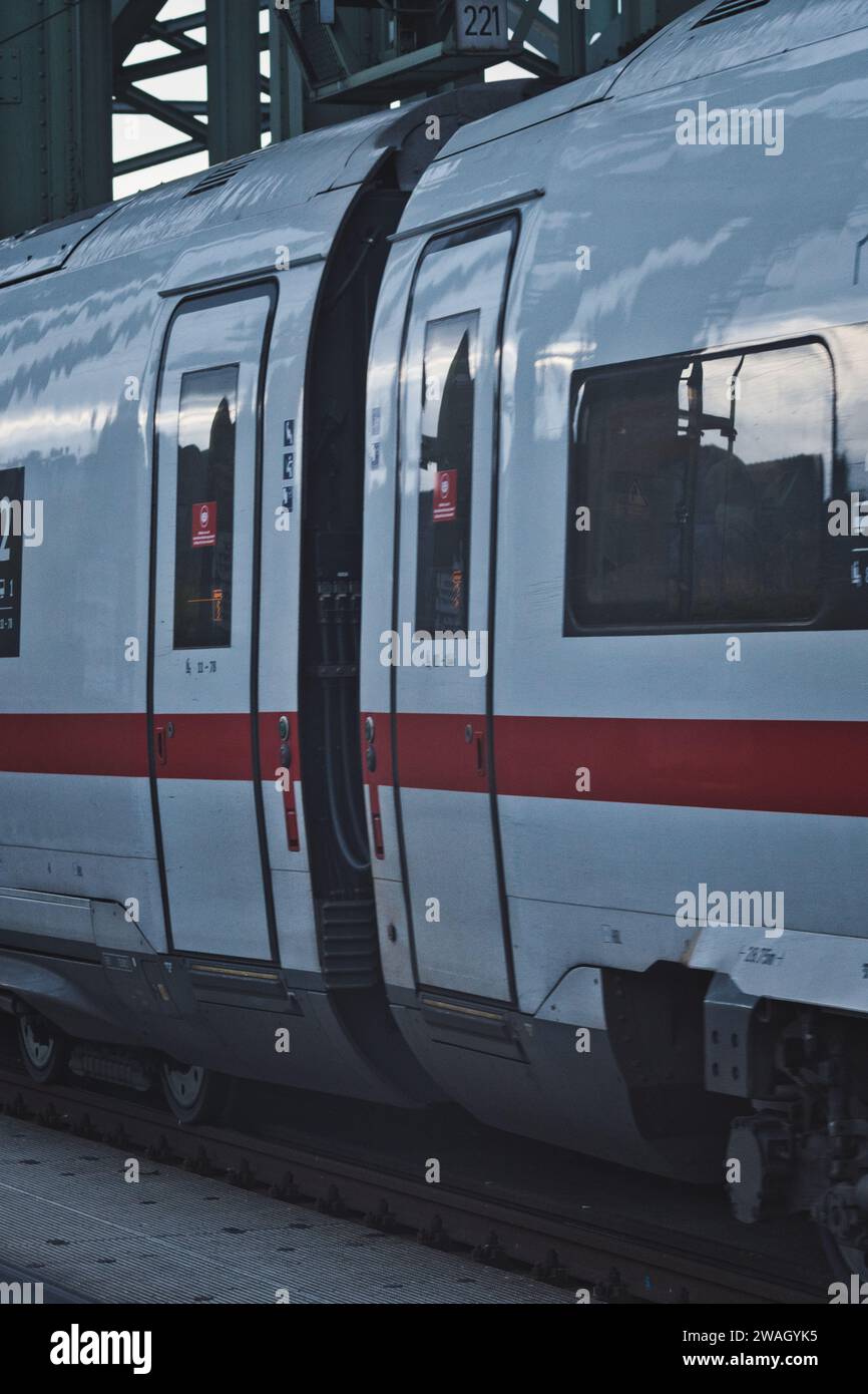 Closeup of the wagon and the door of a German express train in Cologne ...