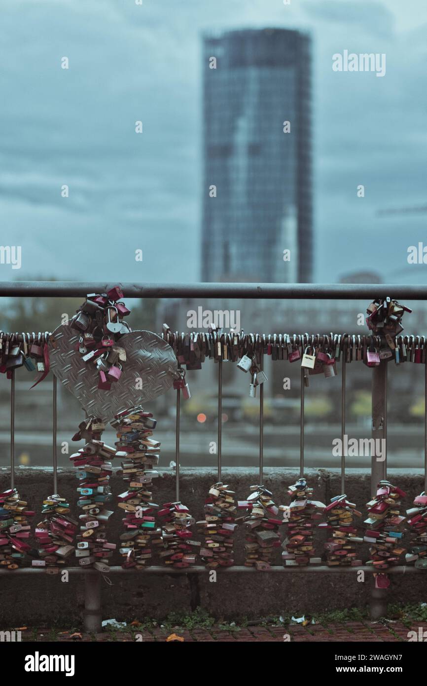 Vertical shot of many love locks on the railing of the Hohenzollern ...