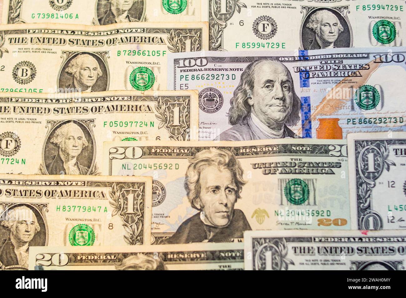 Grouped US dollar banknotes. US dollar bills and economy concept Stock ...