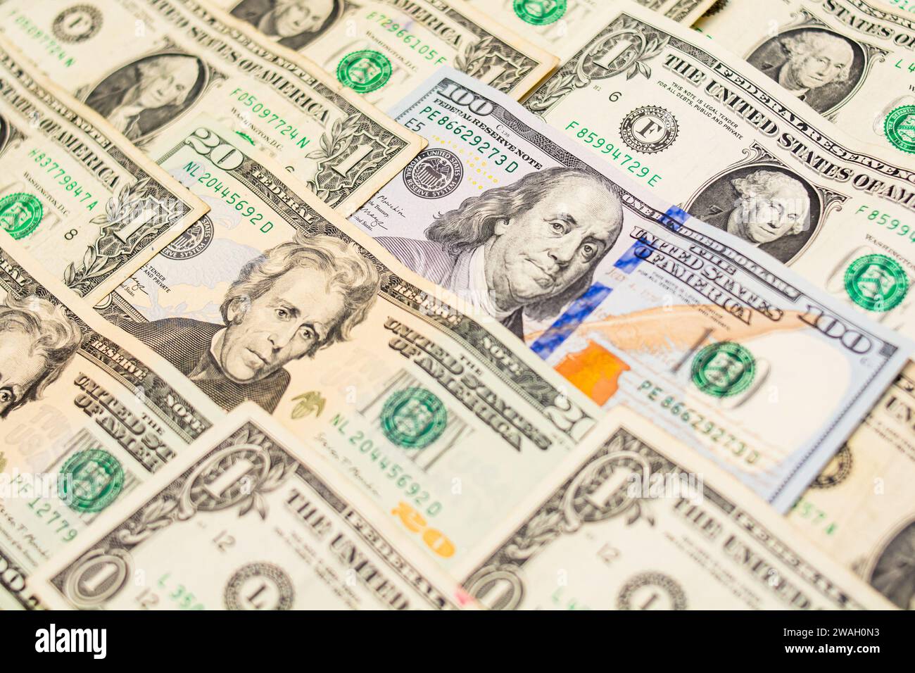 Grouped US dollar banknotes. US dollar bills and economy concept Stock ...