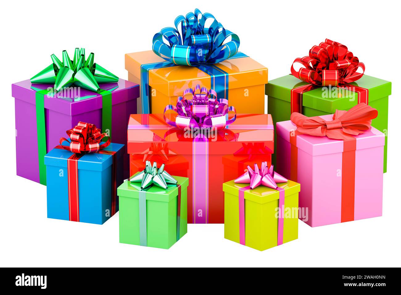 Colored Gift Boxes with bows and ribbons, 3D rendering isolated on ...