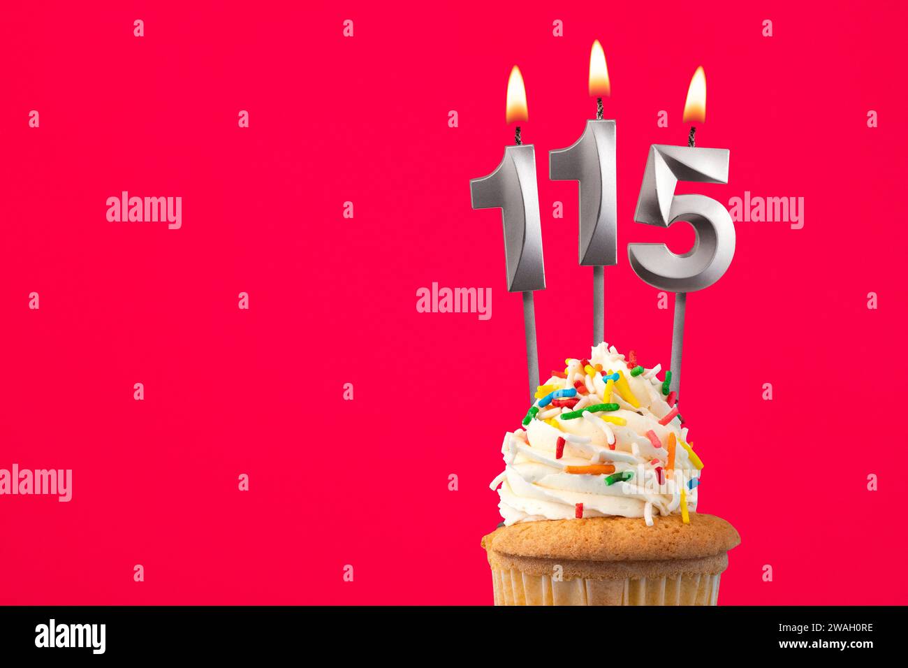 Horizontal birthday card with cupcake - Burning candle number 115 Stock ...