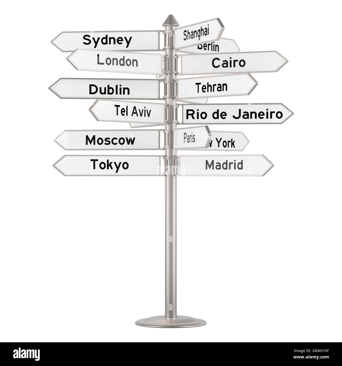 Route direction with different cities. Signpost with names of cities ...