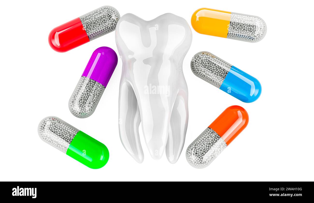 Tooth with medicine capsules around. Drugs from Dental Pain concept, 3D ...