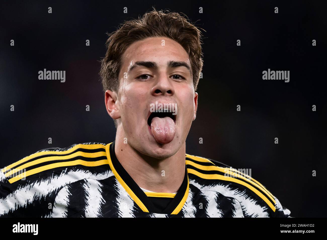 Turin, Italy. 4 January 2024. Kenan Yildiz of Juventus FC celebrates ...