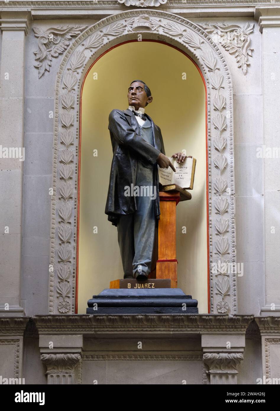 Statue of Benito Juarez, in Tlaxcala, shown pointing at his famous ...