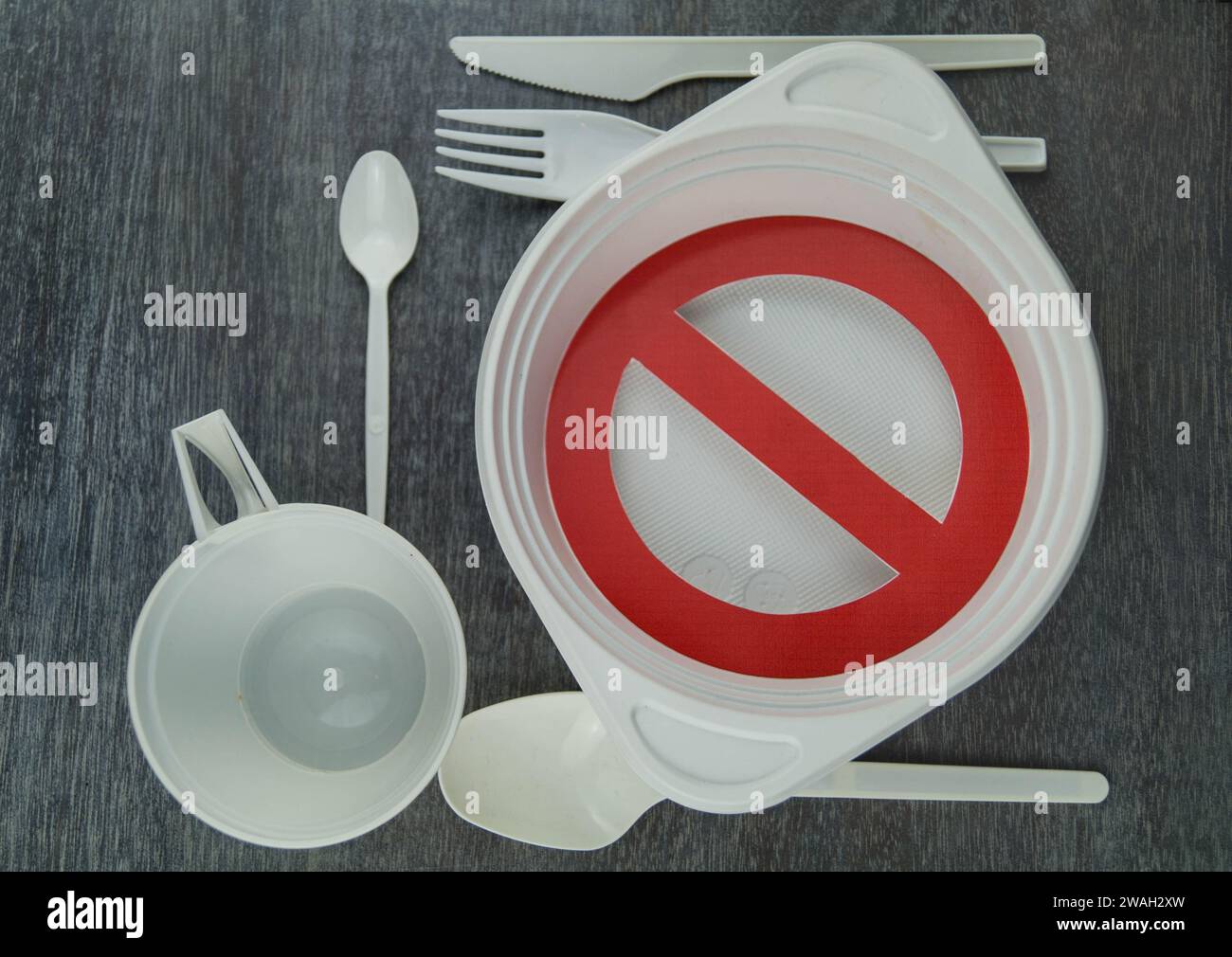 single-use tableware, plastic cutlery and prohibition sign, symbolic ...