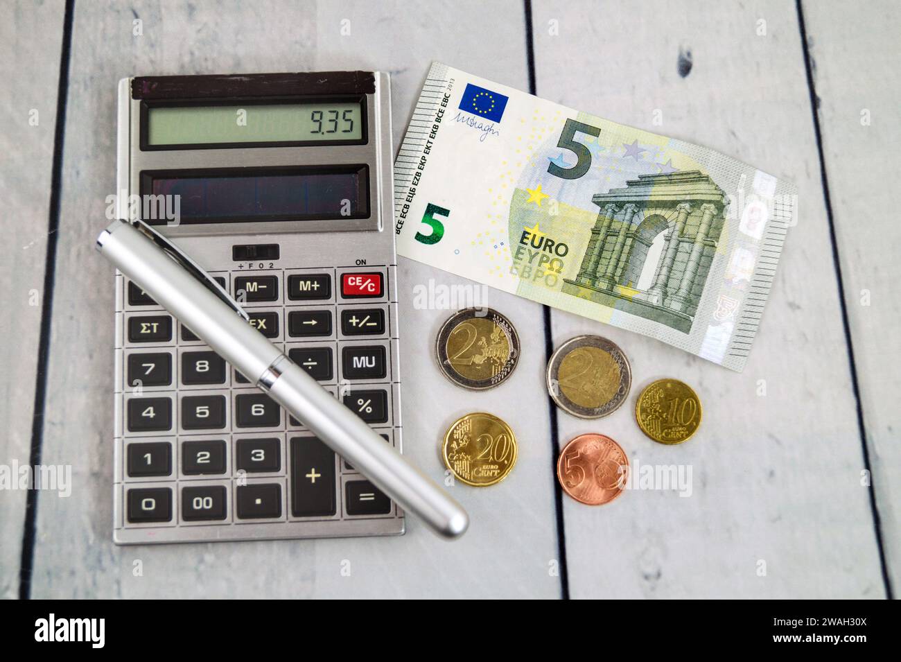 calculator with 9.35 on the display and money, symbol image minimum ...