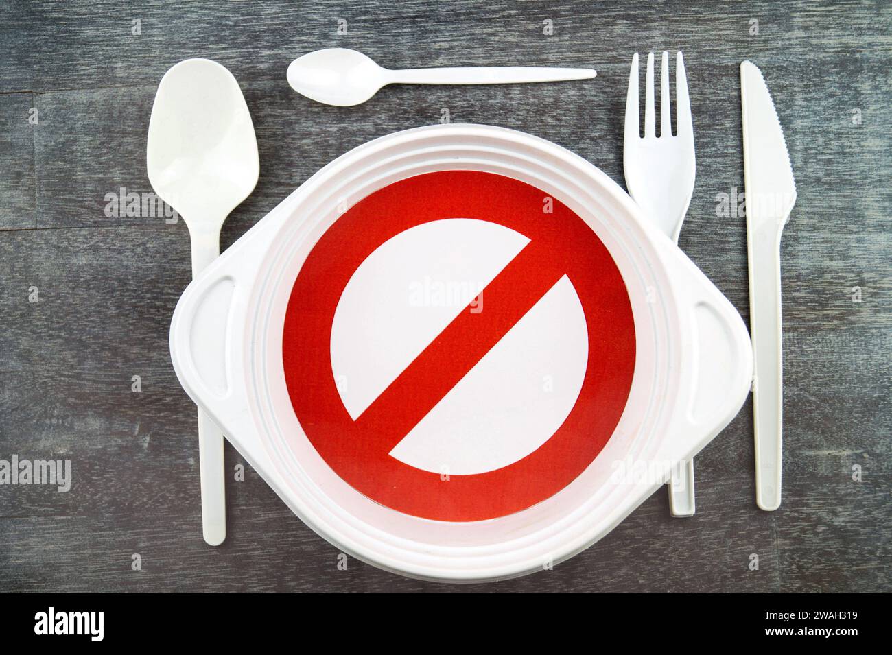 single-use tableware, plastic cutlery and prohibition sign, symbolic ...