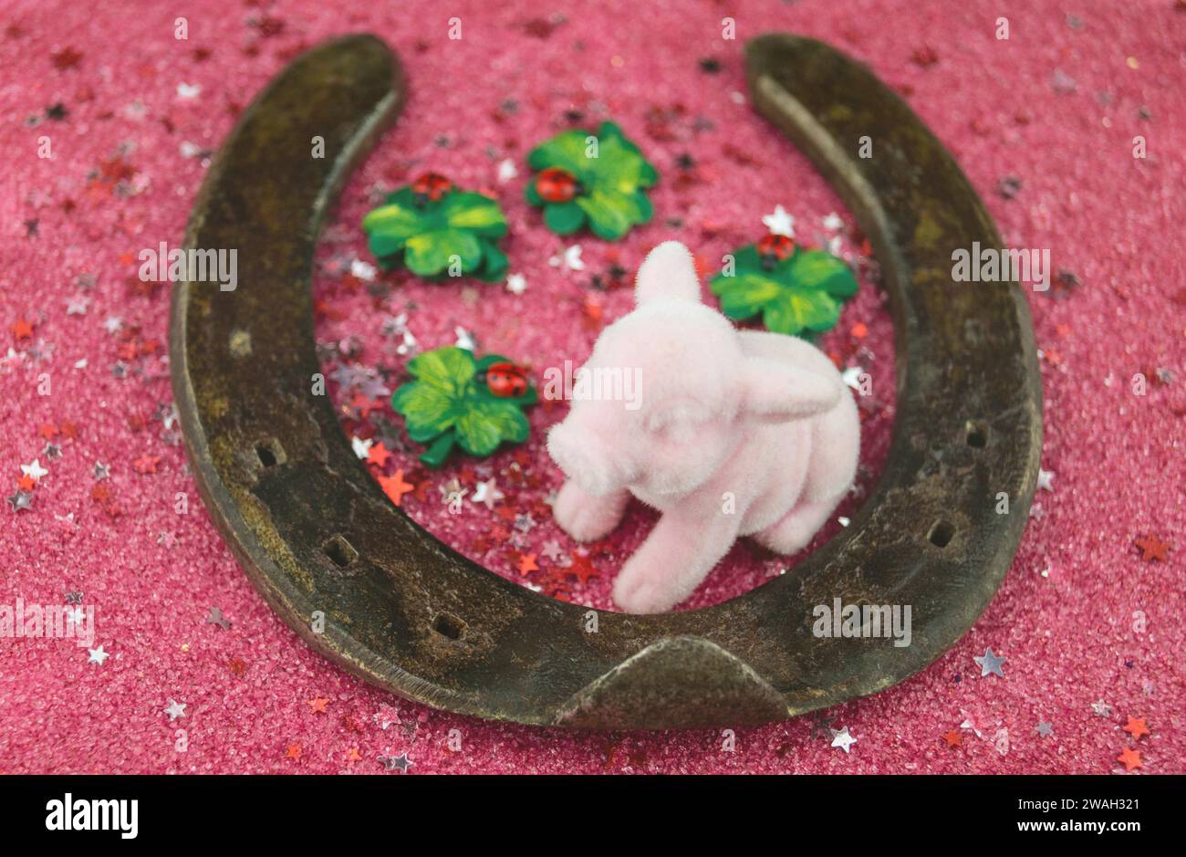 Horseshoes, lucky pig and lucky clovers for New Year's Eve on colorful ...