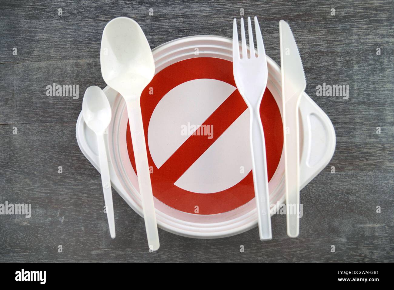single-use tableware, plastic cutlery and prohibition sign, symbolic ...