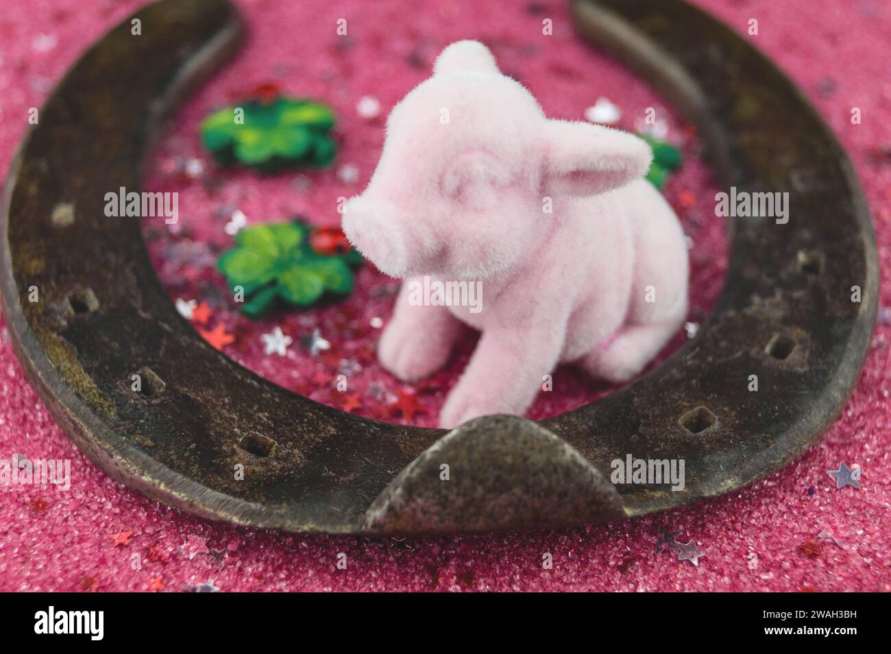 Horseshoes, lucky pig and lucky clovers for New Year's Eve on colorful ...
