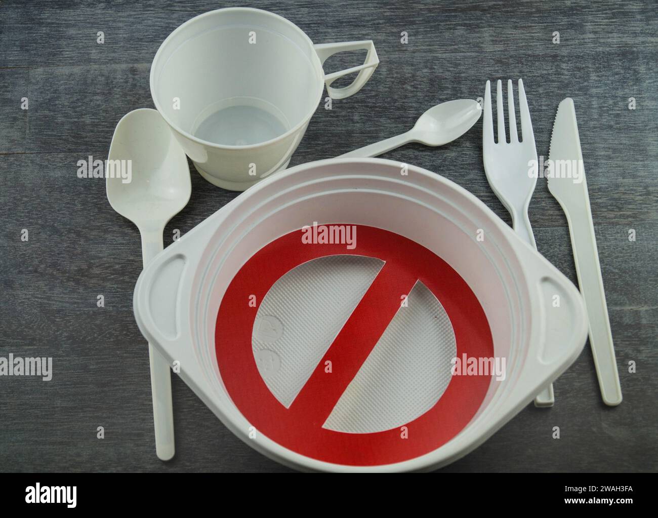 single-use tableware, plastic cutlery and prohibition sign, symbolic ...