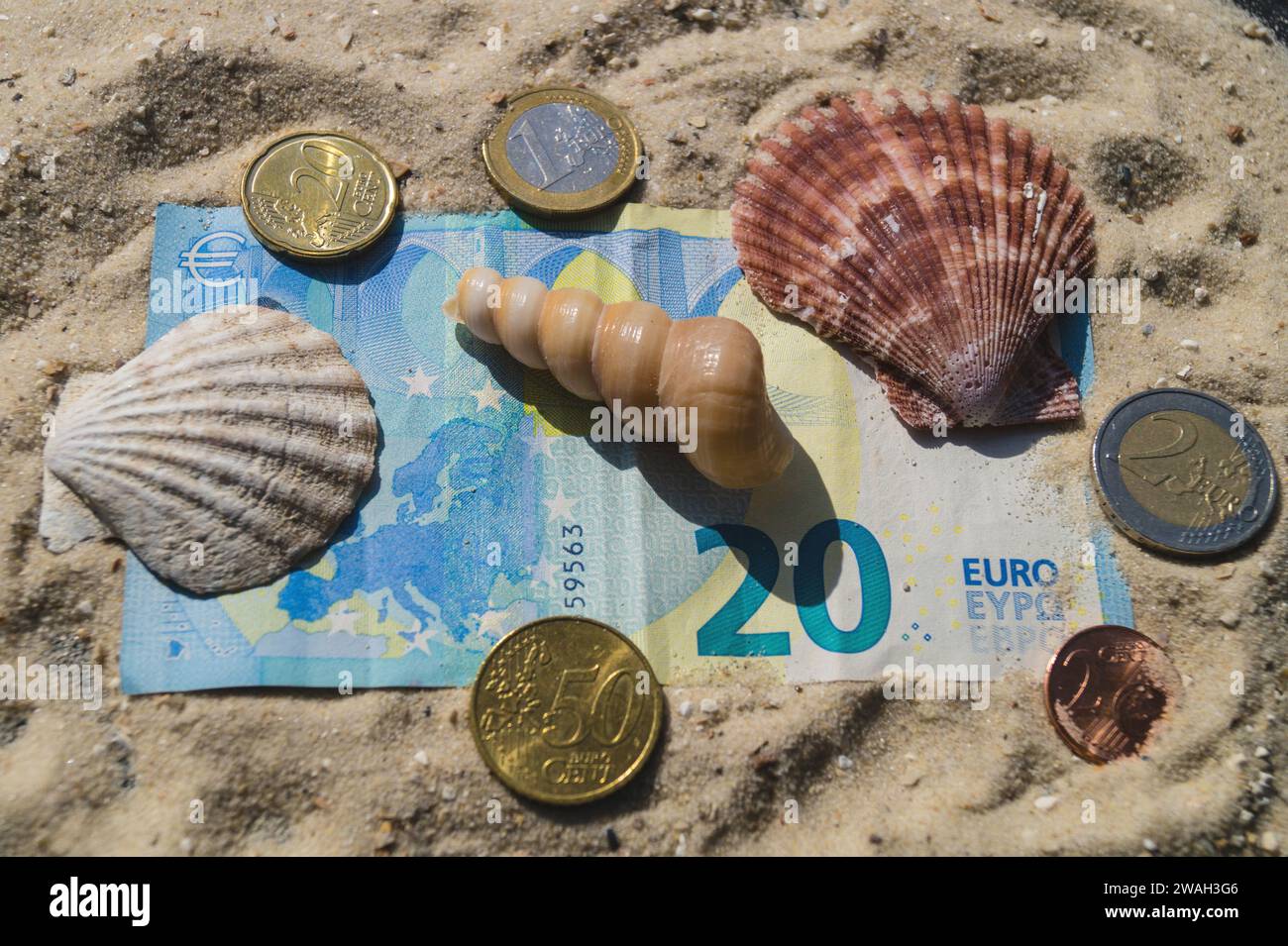 money and shells in the sand, symbol image travel expenses Stock Photo ...