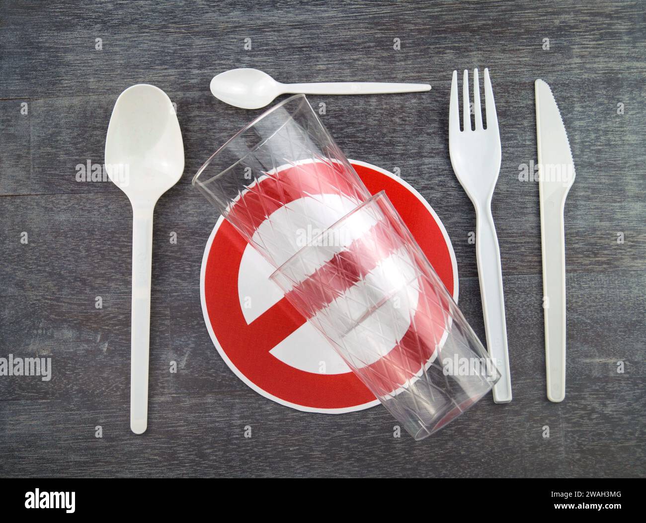 single-use tableware, plastic cutlery and prohibition sign, symbolic ...