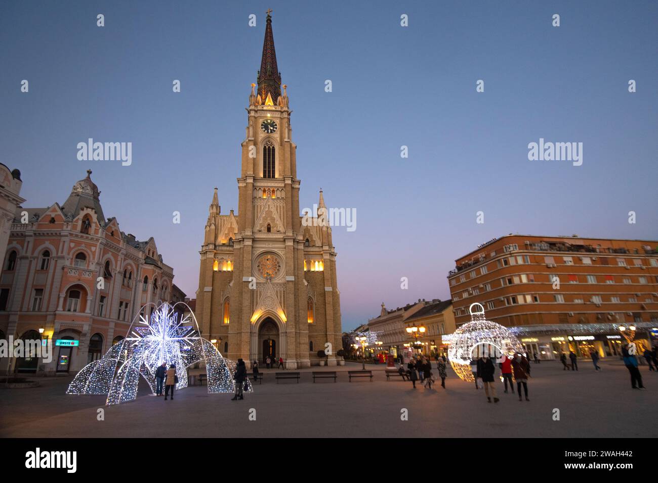 Novi Sad (Serbia): Name of Mary Church, in Freedom Square, decorated ...