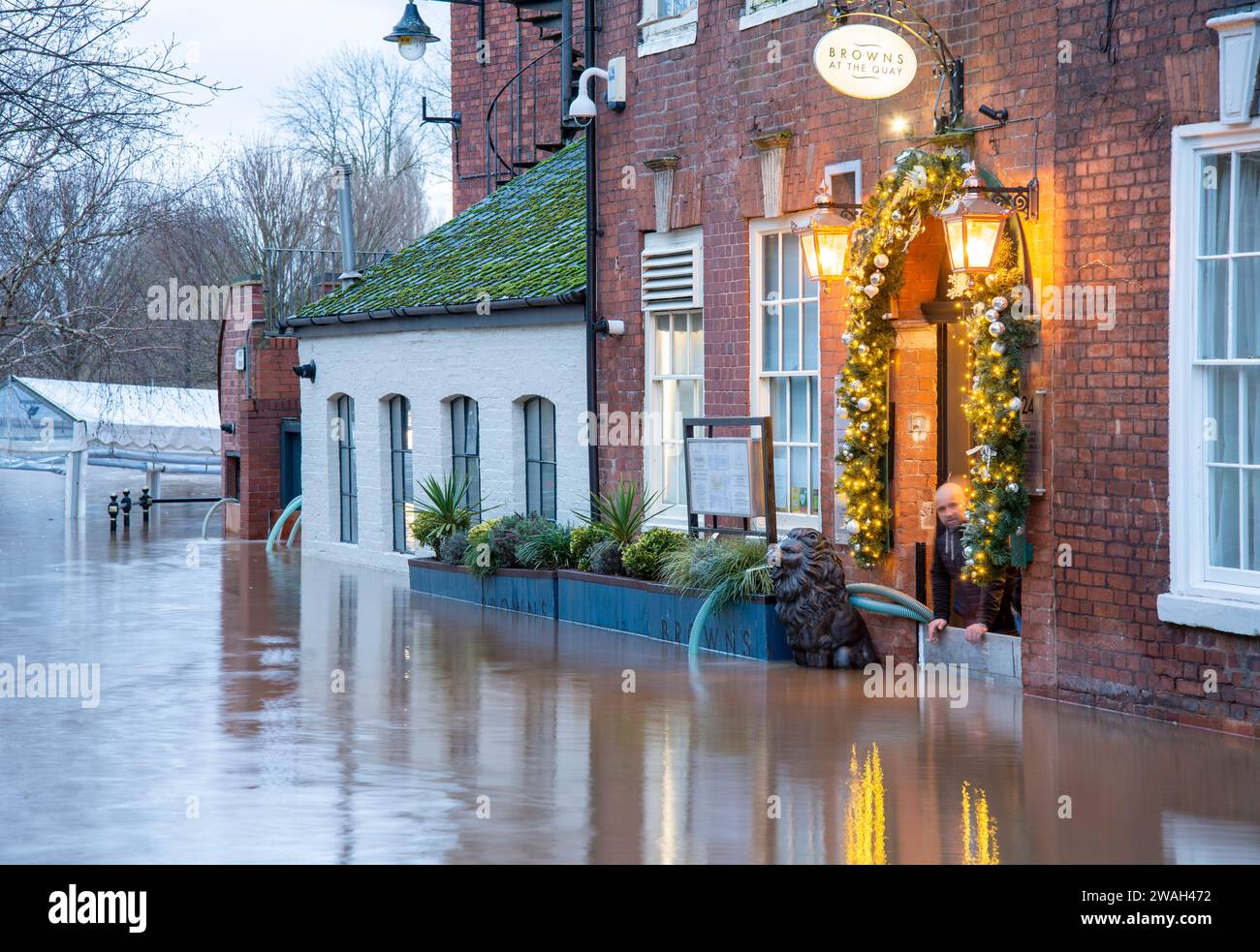 Worcester,Worcestershire,UK-January 03 2024:Flood waters,caused by ...