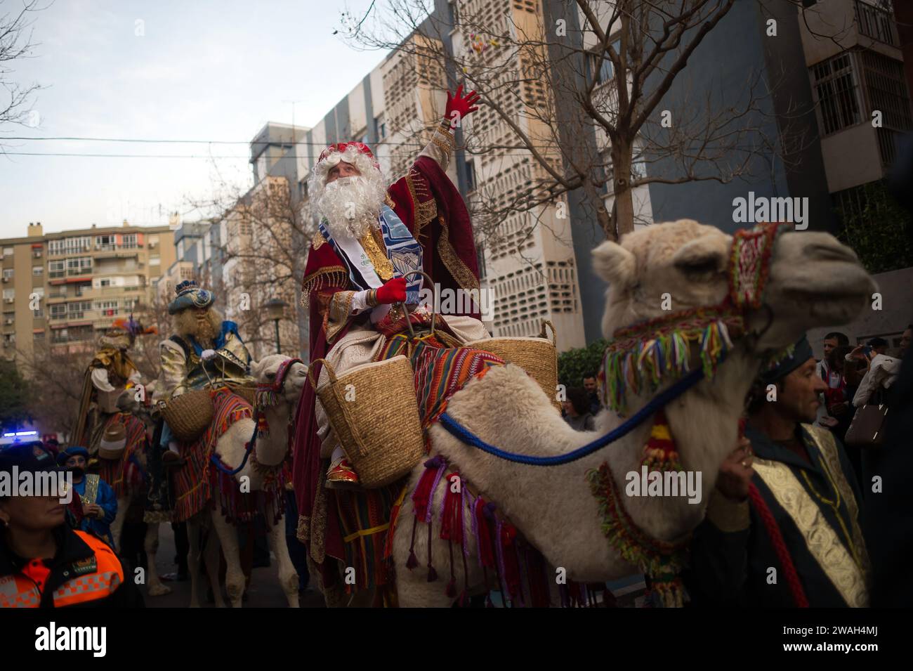 Malaga, Spain. 4th Jan, 2024. A man dressed as Melchior, depicting one ...
