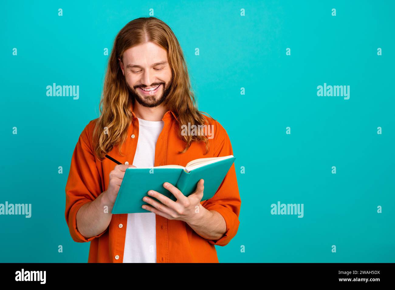 Photo of smart handsome guy with wavy hairdo wear stylish outfit write ...