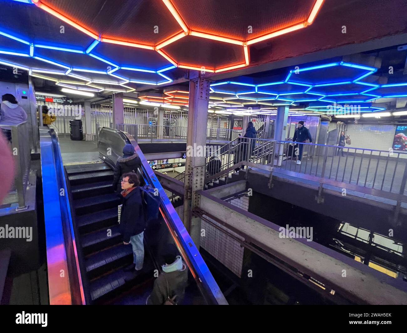 Colorful ceiling neon lighting at the Bleeker Street #6 subway train ...