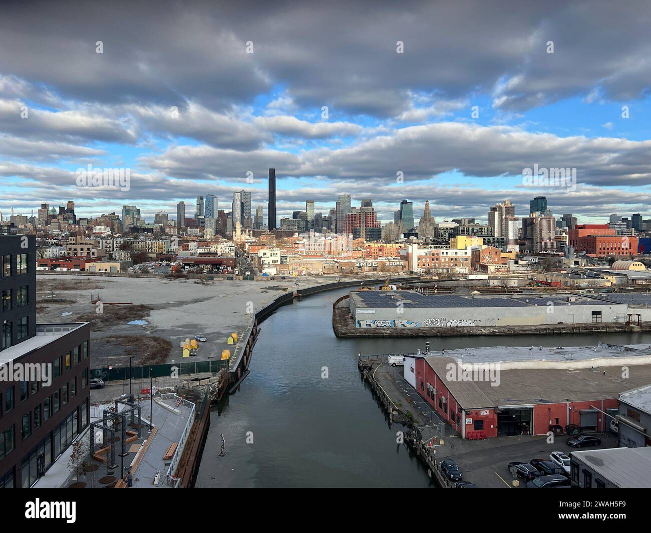 Looking down the Gowanus Canal, a polluted superfund site, with the ...