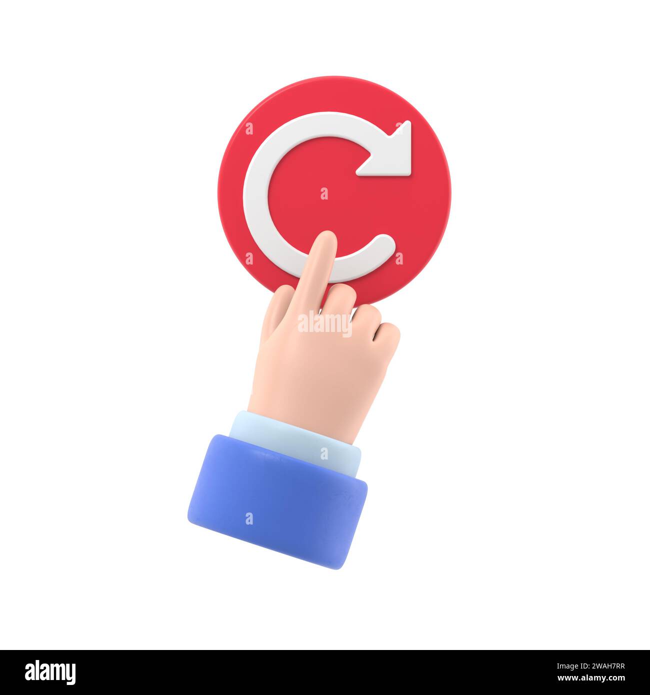 Reboot concept. Restarting technology. Hand to push big red button. 3d ...