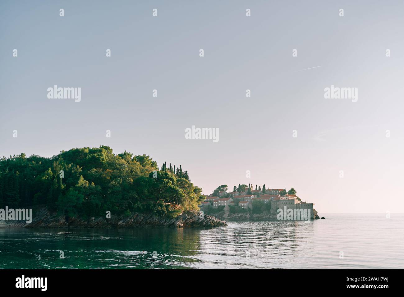 View of the island of Sveti Stefan from behind a rocky, forested shore ...