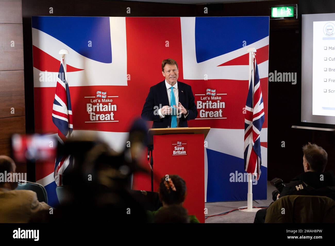 London, UK. 03rd Jan, 2024. Leader of Reform UK Richard Tice speaks ...
