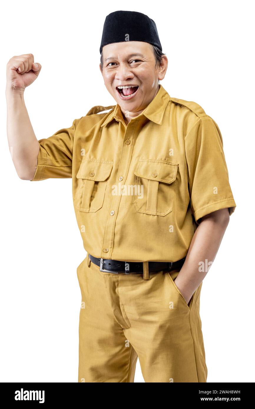 Civil servant man standing with hand gesture isolated over a white ...