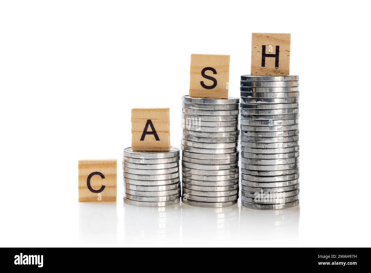 Closeup view of a wooden cube with cash word on a stack of silver coins ...