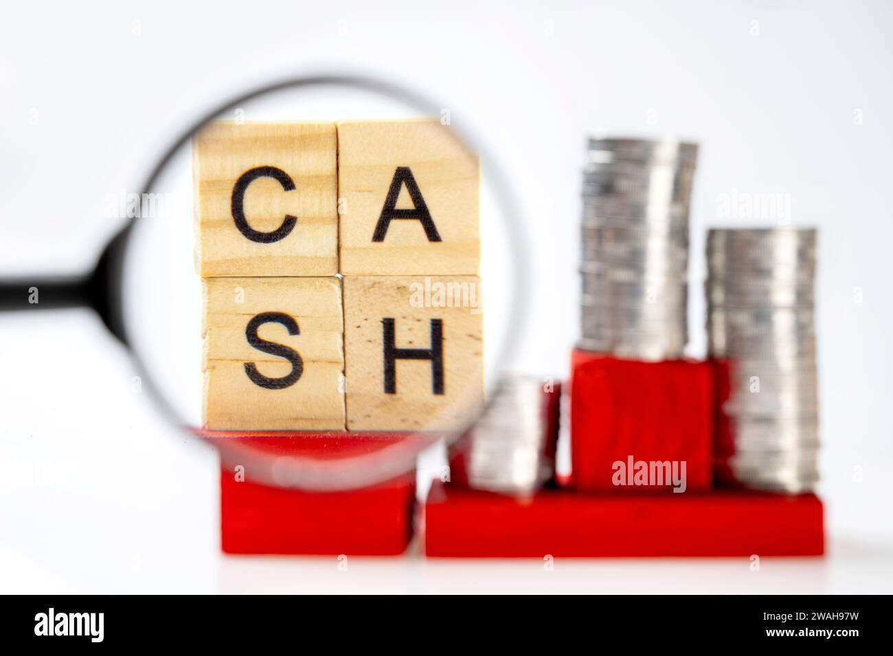 The magnifying glass focuses on a wooden cube with cash words with a ...