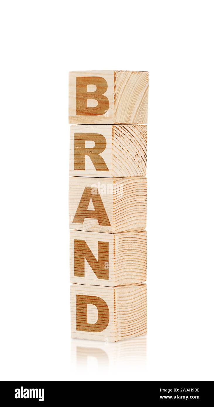 A stack of wooden cubes with BRAND letters. Branding strategy concept ...
