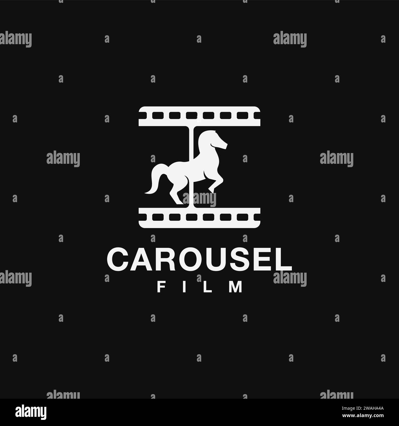 Horse carousel and film strip logo, multimedia vector template on black ...