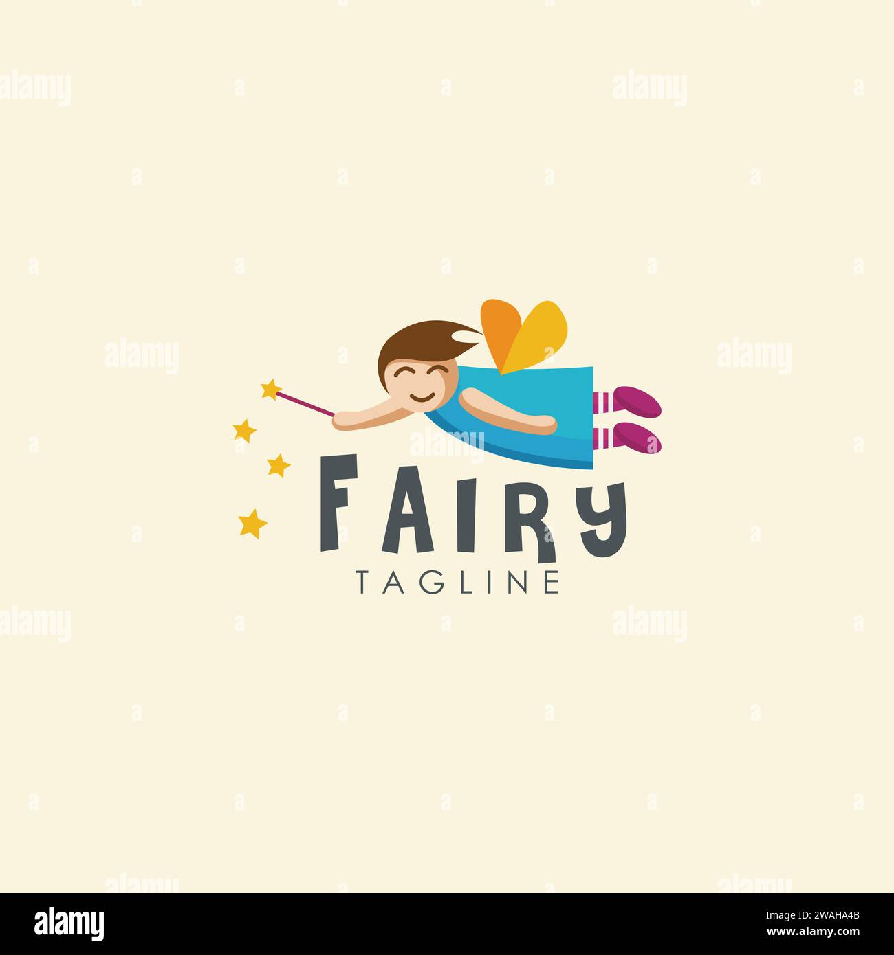 Flying young fairy logo mascot cartoon vector template on light ...