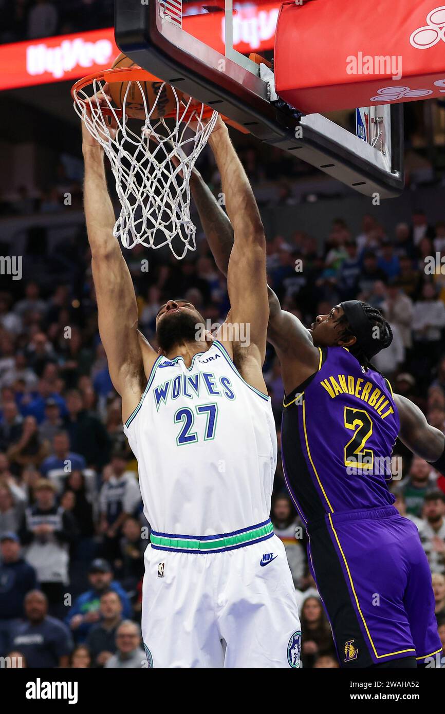 Minnesota Timberwolves center Rudy Gobert (27) goes up for a dunk against Los Angeles Lakers ...