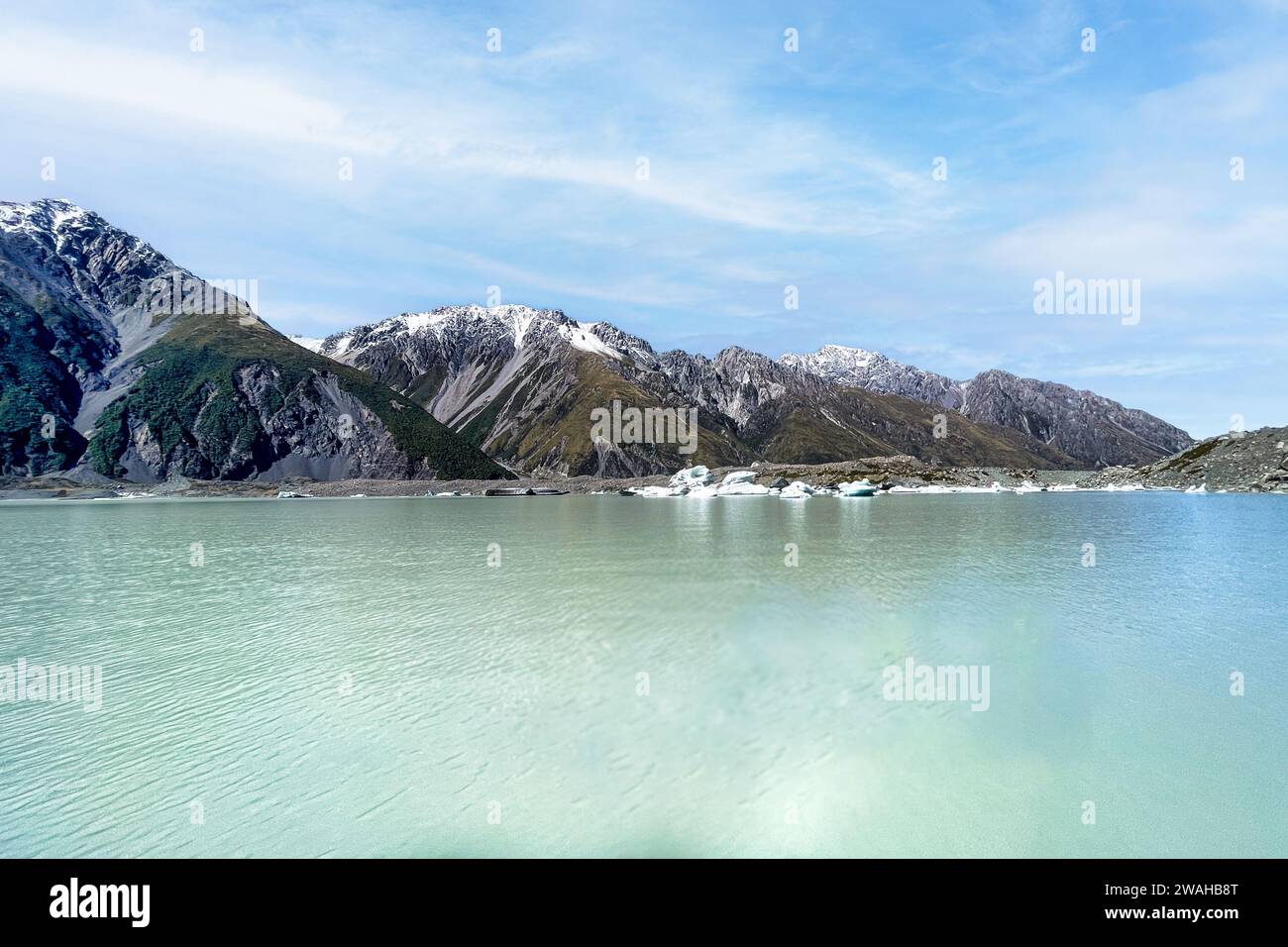 Taman lake and its icebergs in the Tasman valley in Mt Cook National ...