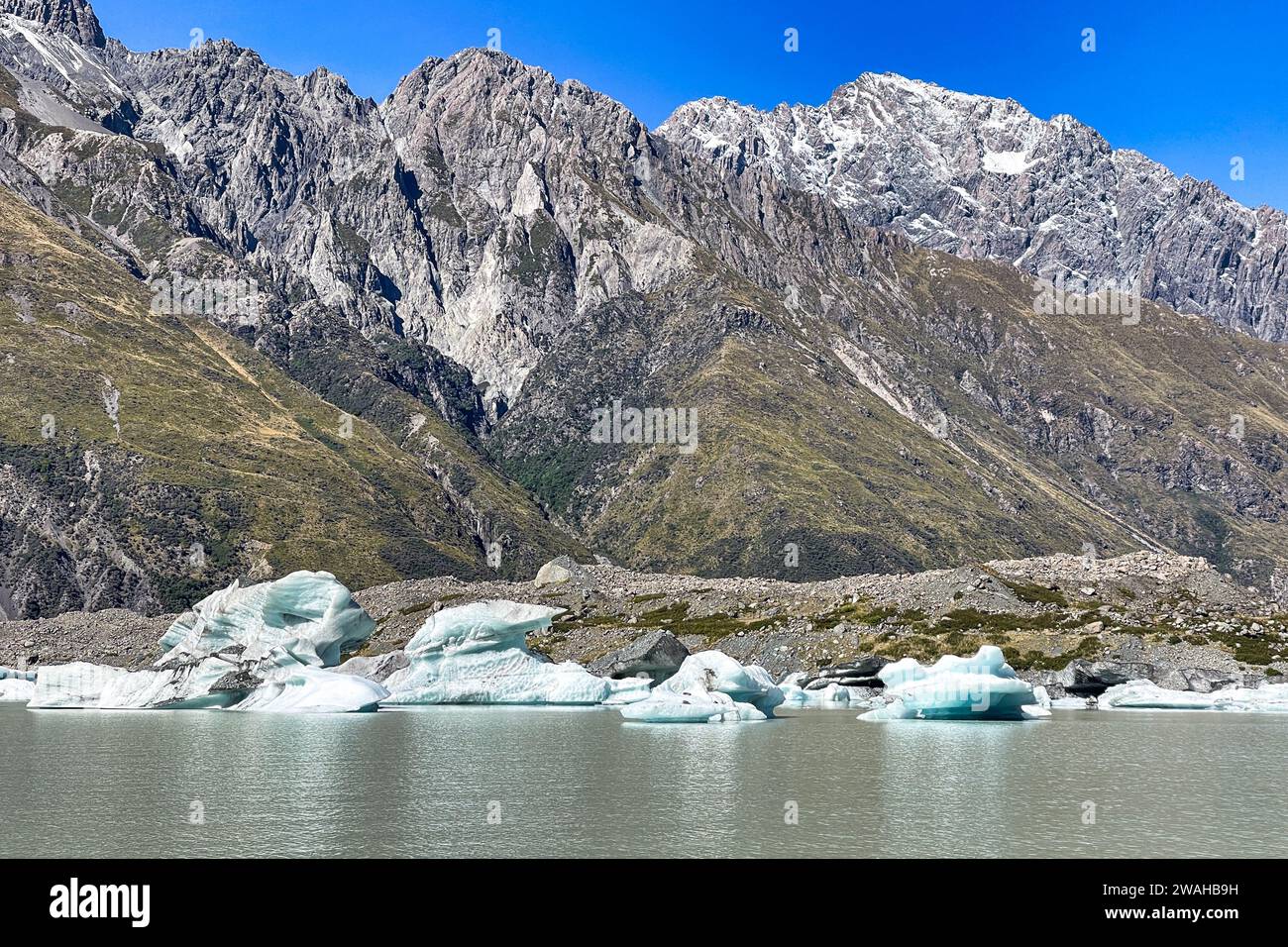 Taman lake and its icebergs in the Tasman valley in Mt Cook National ...