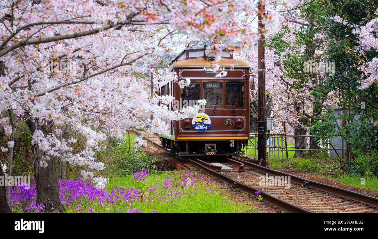 Kyoto, Japan - March 31 2023: Keifuku Tram is operated by Keifuku ...