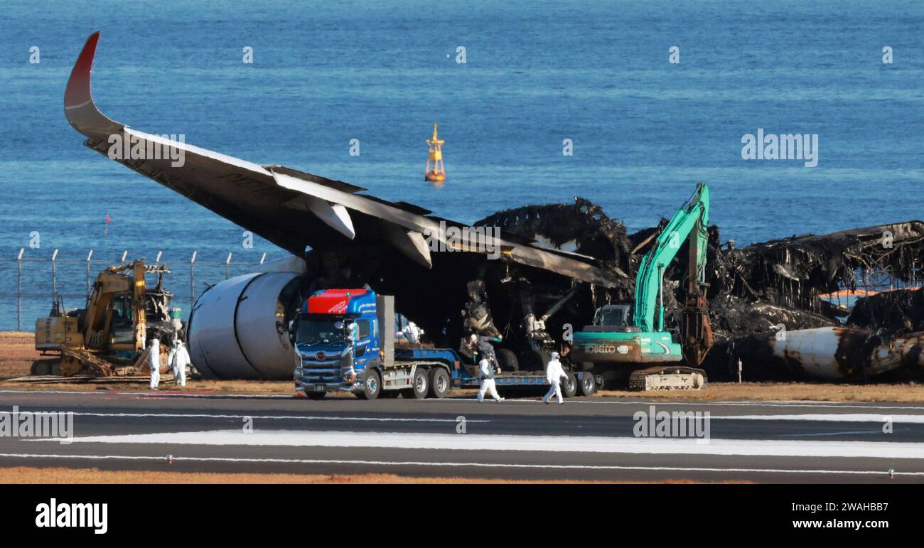 A removing work of a burnt Japan Airlines Flight 516 remains on the ...