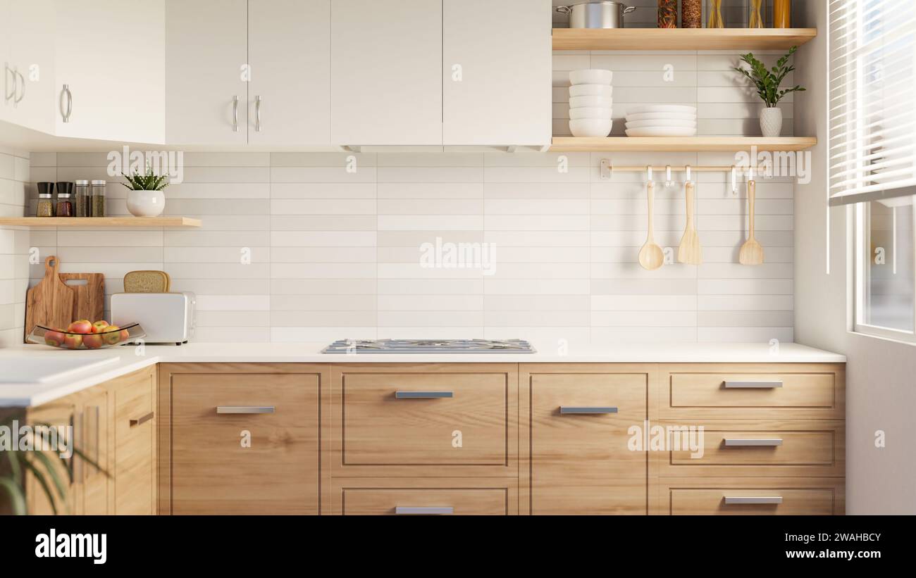 Interior design of a beautiful modern Scandinavian kitchen with minimal ...